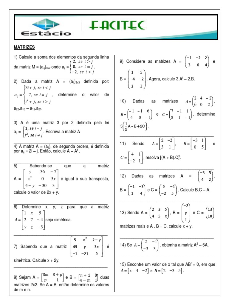 Lista 01 | PDF | Matriz (Matemática) | Teoria da Matrix