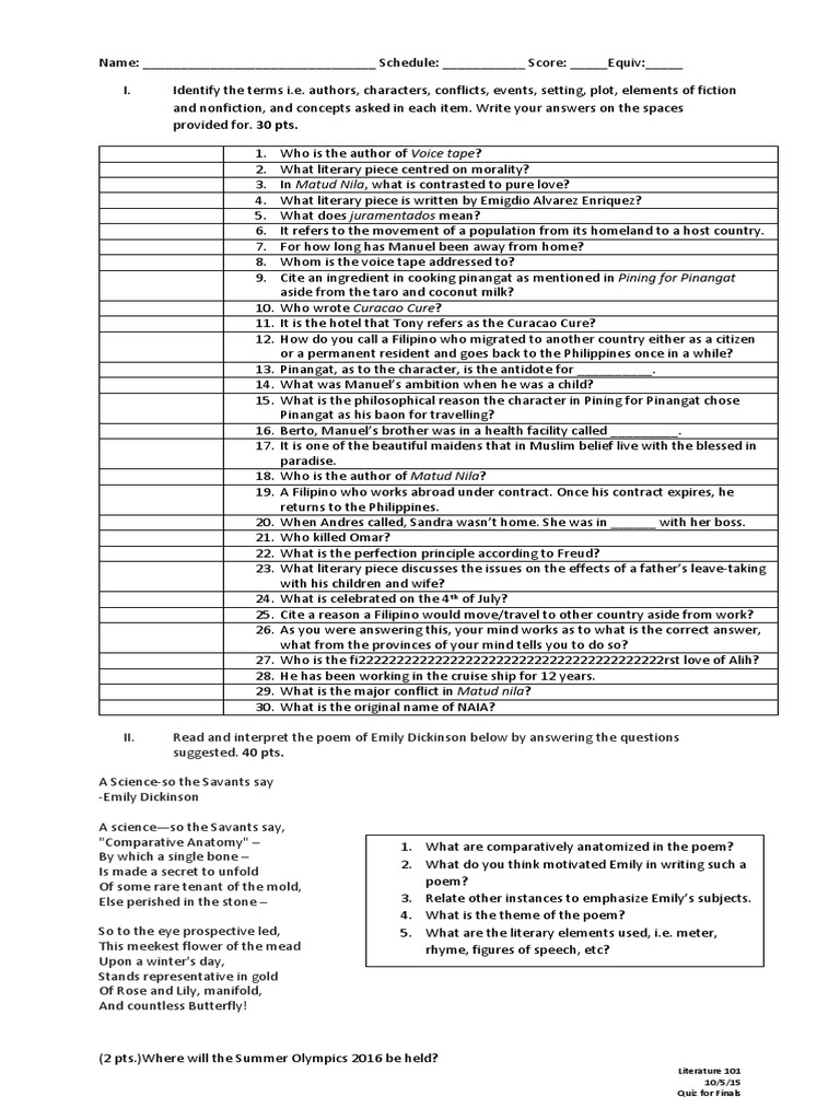 Lit Final Quiz | PDF | Poetry