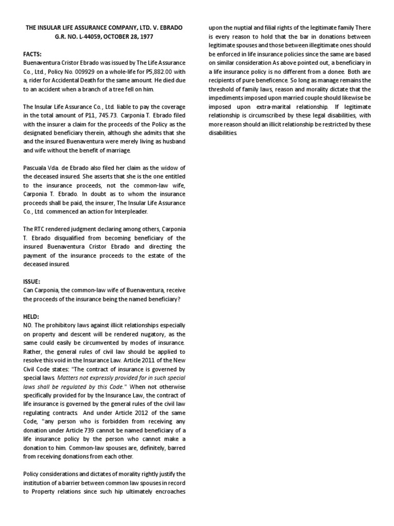 THE INSULAR LIFE ASSURANCE COMPANY v. EBRADO | PDF | Life Insurance ...