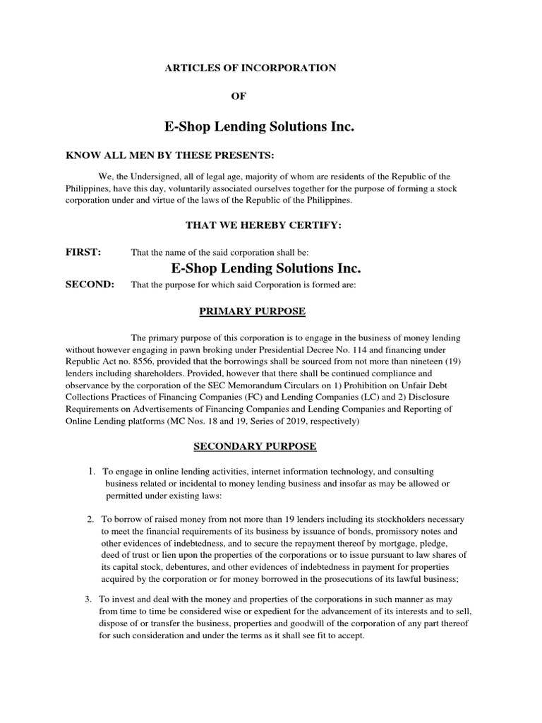 Articles of Incorporation | PDF | Loans | Corporations