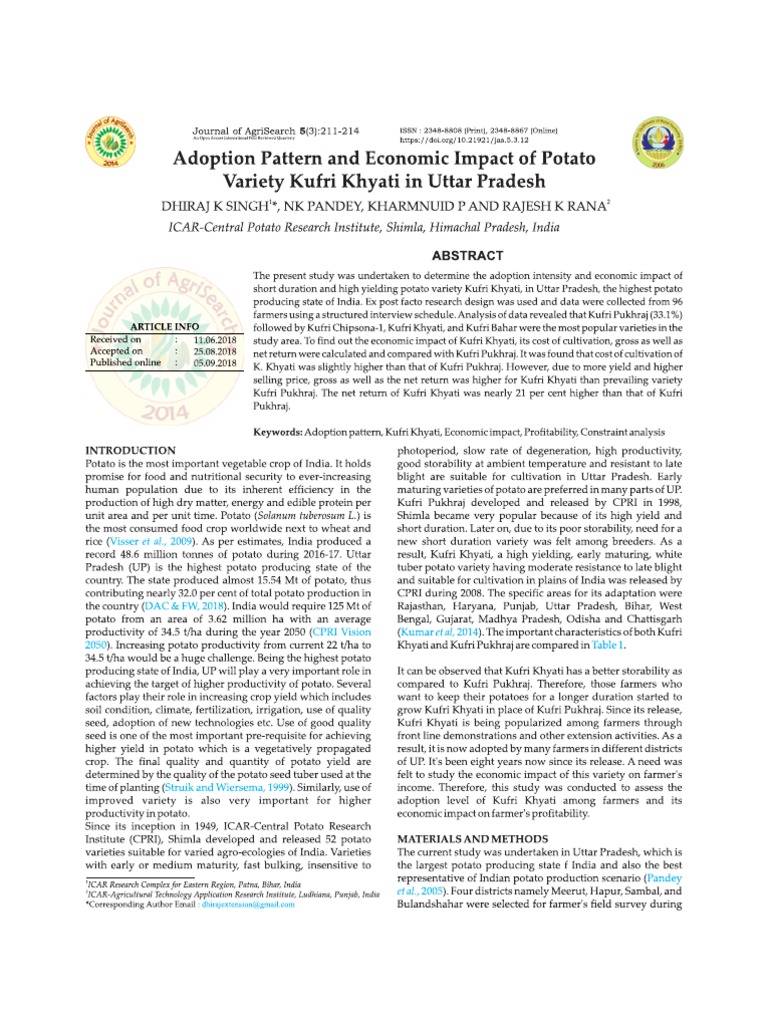 Adoption Pattern of Kufri Khyati PDF | PDF