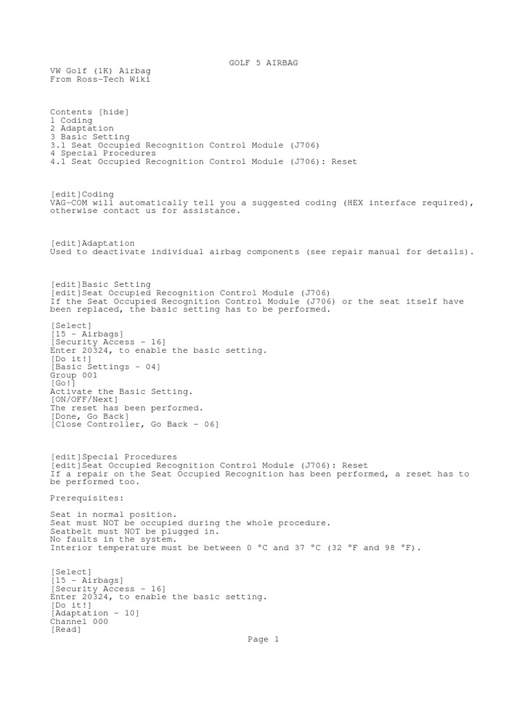 GOLF 5 AIRBAG Coding & Adaption | PDF | Technology & Engineering