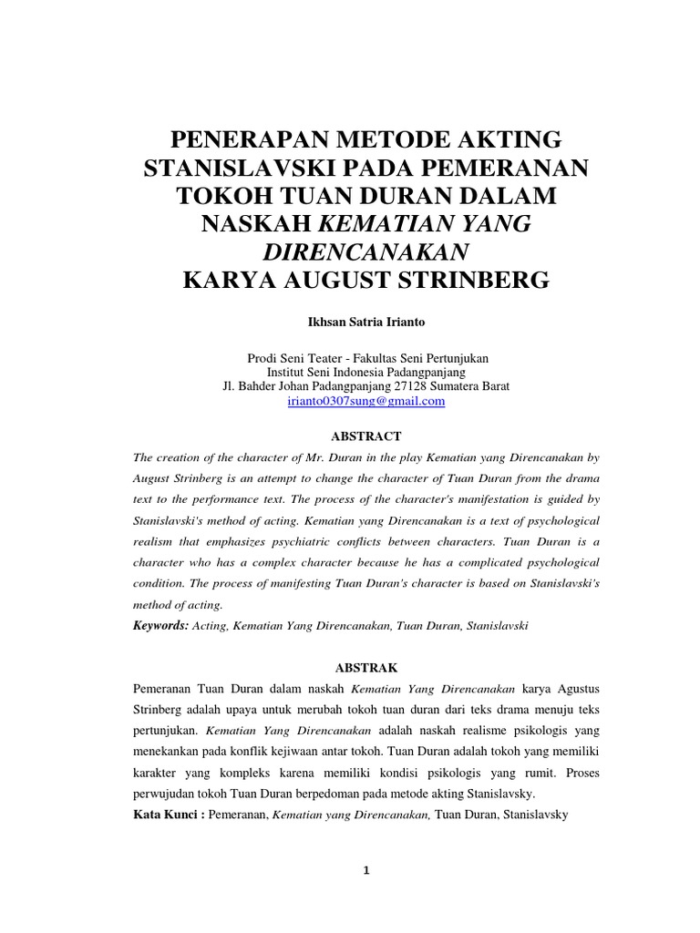 Penerapan Metode Akting Stanislavski Pada Pemeranan Tokoh Tuan Duran Dalam Naskah Kematian Yang ...