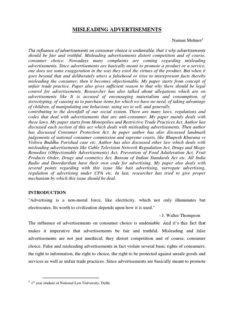 Legal Control of Misleading Advertisements | PDF | False Advertising ...