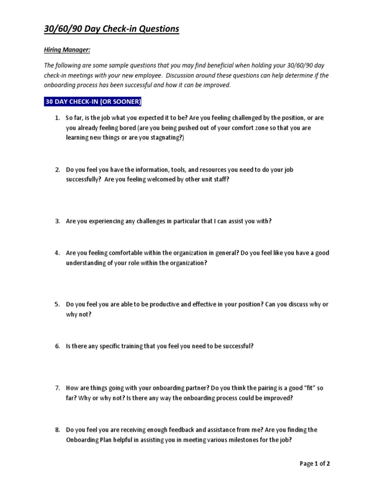 Hiring Manager 30 60 90 Day Check in Questions | Download Free PDF ...