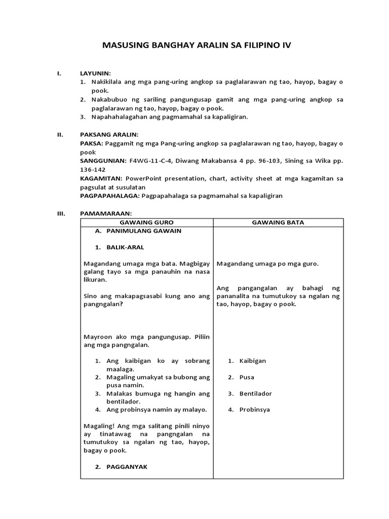 Masusing Banghay Aralin Sa Filipino Iv | PDF