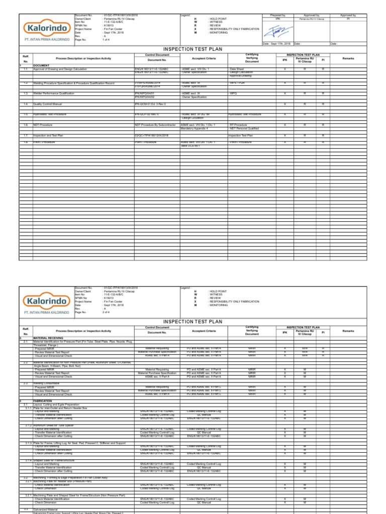 Inspection and Testing Plan for Fin Fan Cooler Fabrication | PDF | Pipe ...