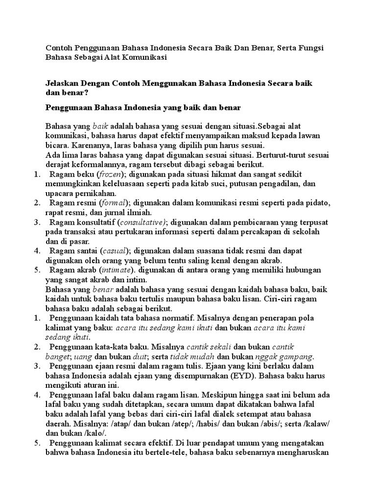 Contoh Penggunaan Bahasa Indonesia Baik | PDF