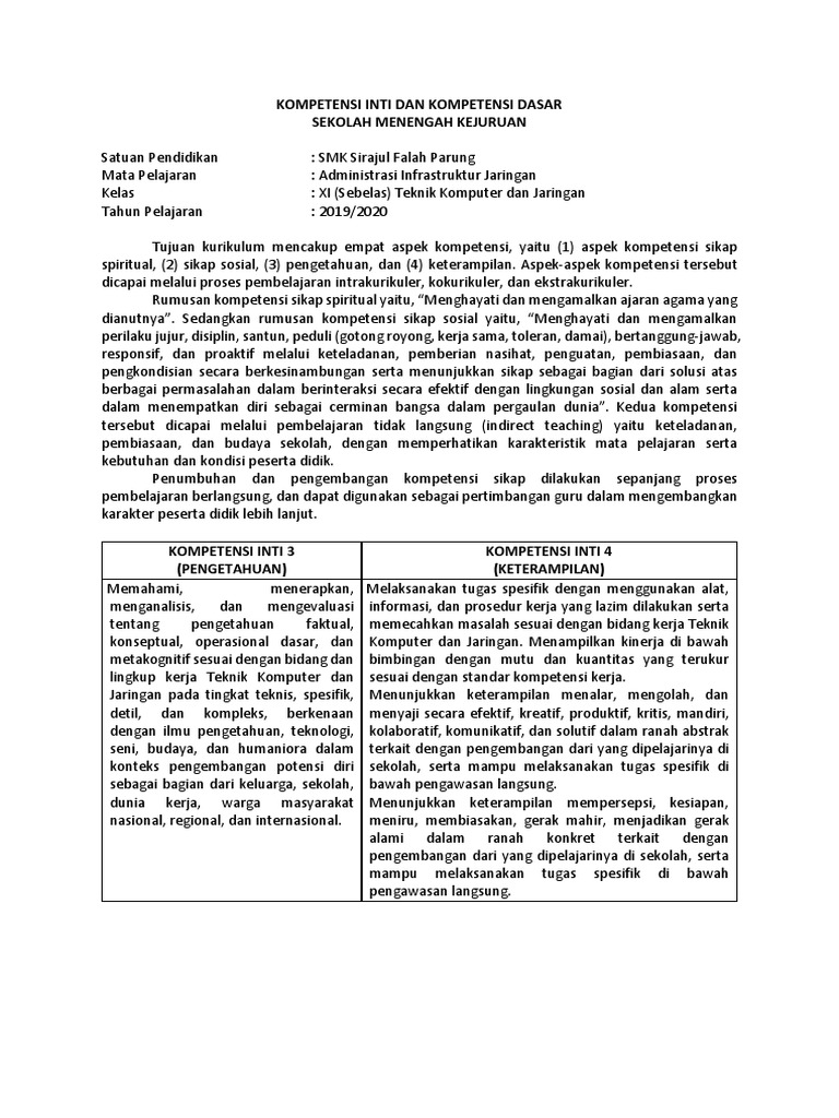 Kompetensi Inti Dan Kompetensi Dasar Aij Xi TKJ | PDF