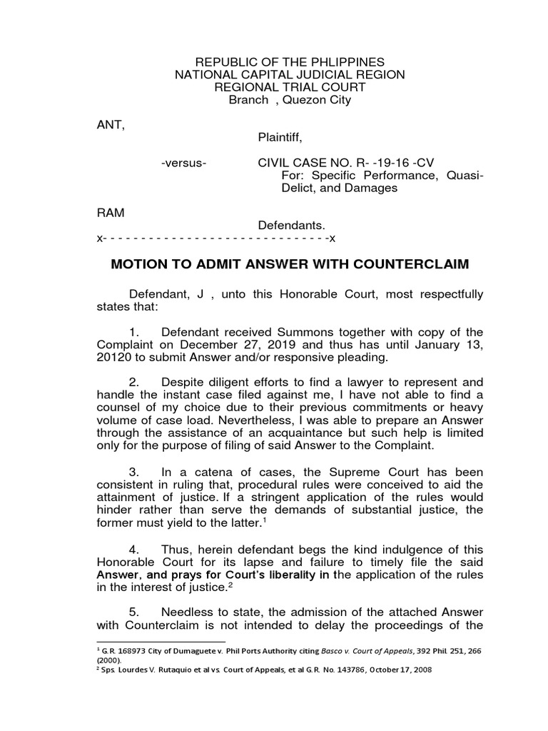 Motion To Admit Answer | PDF | Pleading | Complaint