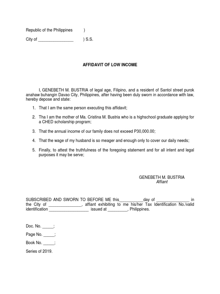 Affidavit of Low Income for Scholarship | PDF