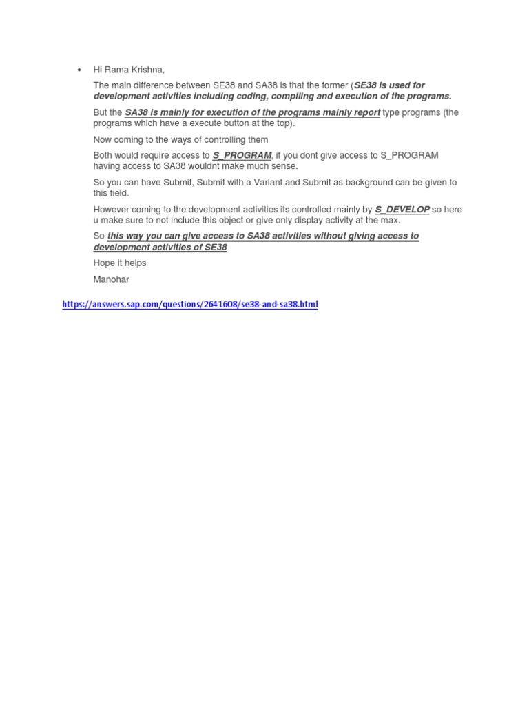 Difference Between Sa38 and Se38 | PDF