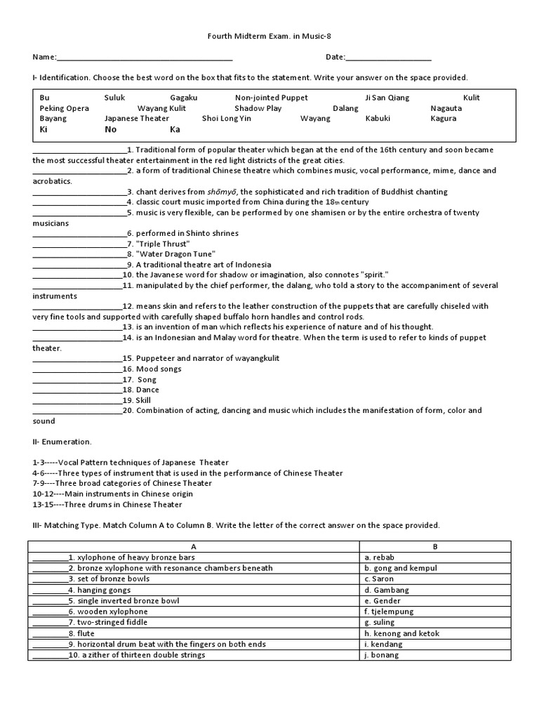 Music and Theater Terminology Exam | PDF | Performing Arts | Musical ...