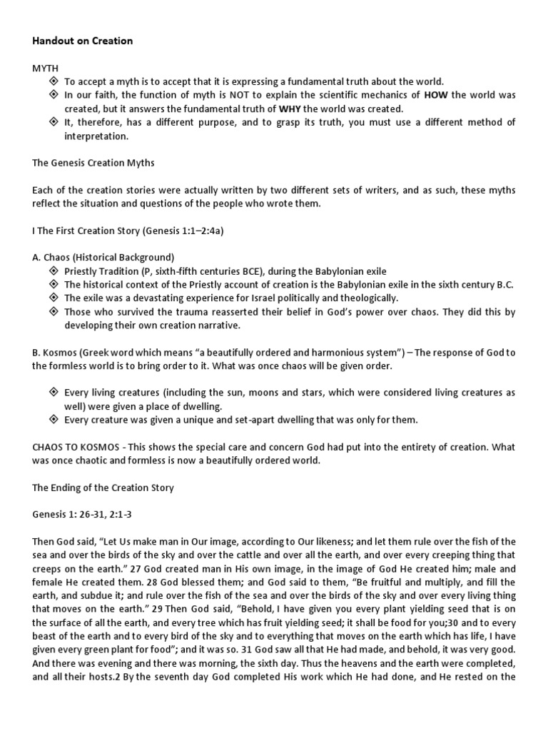 Handout On Creation | PDF | Genesis Creation Narrative | Evil