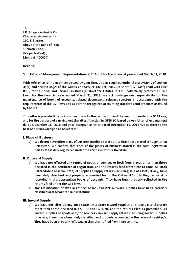 Management Representation Letter - Roopa Venkat | PDF | Invoice ...