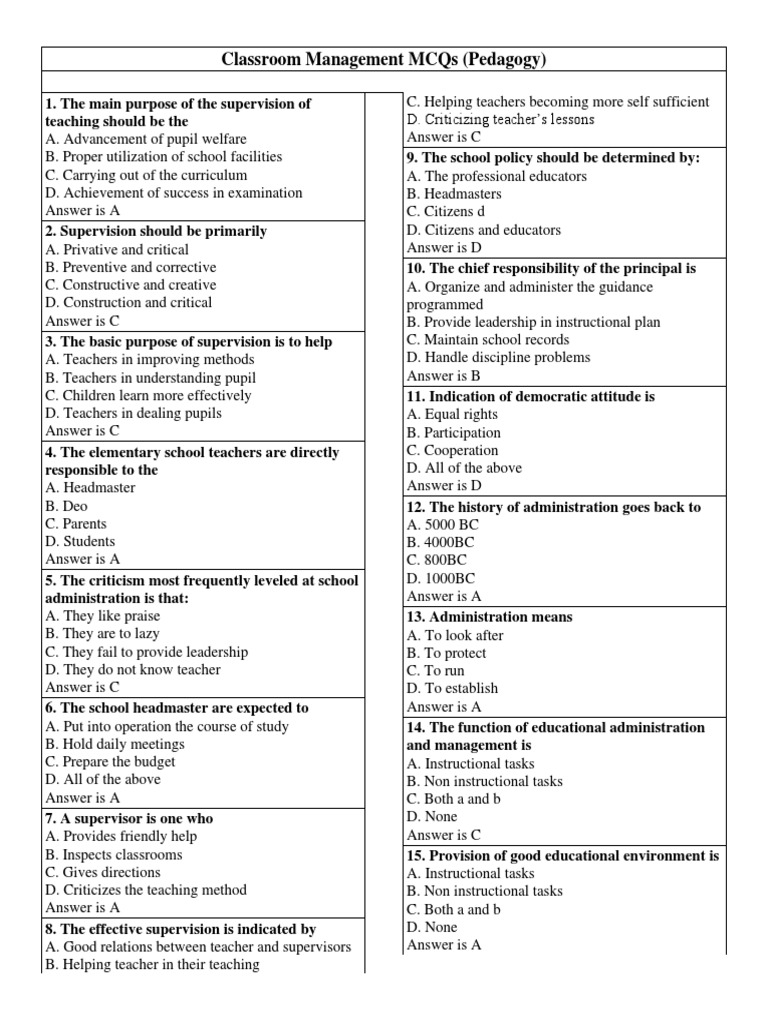Classroom Management MCQs and Answers | PDF | Test (Assessment ...