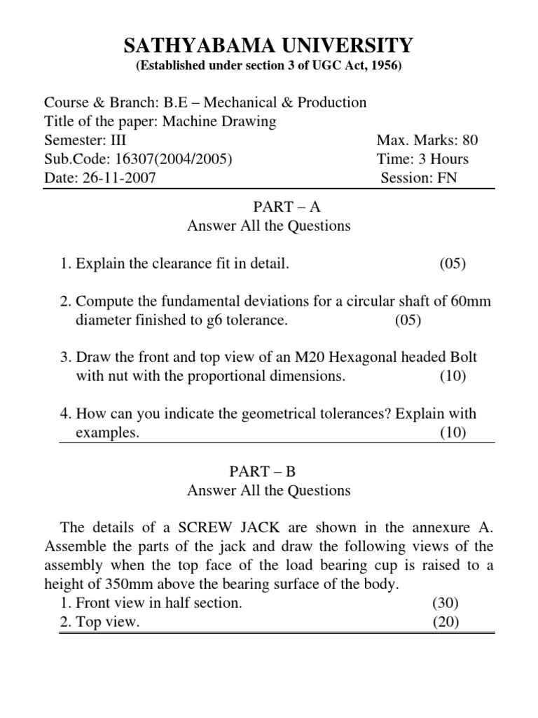 Machine Drawing Exam Paper - B.E. Mechanical | PDF | Science ...