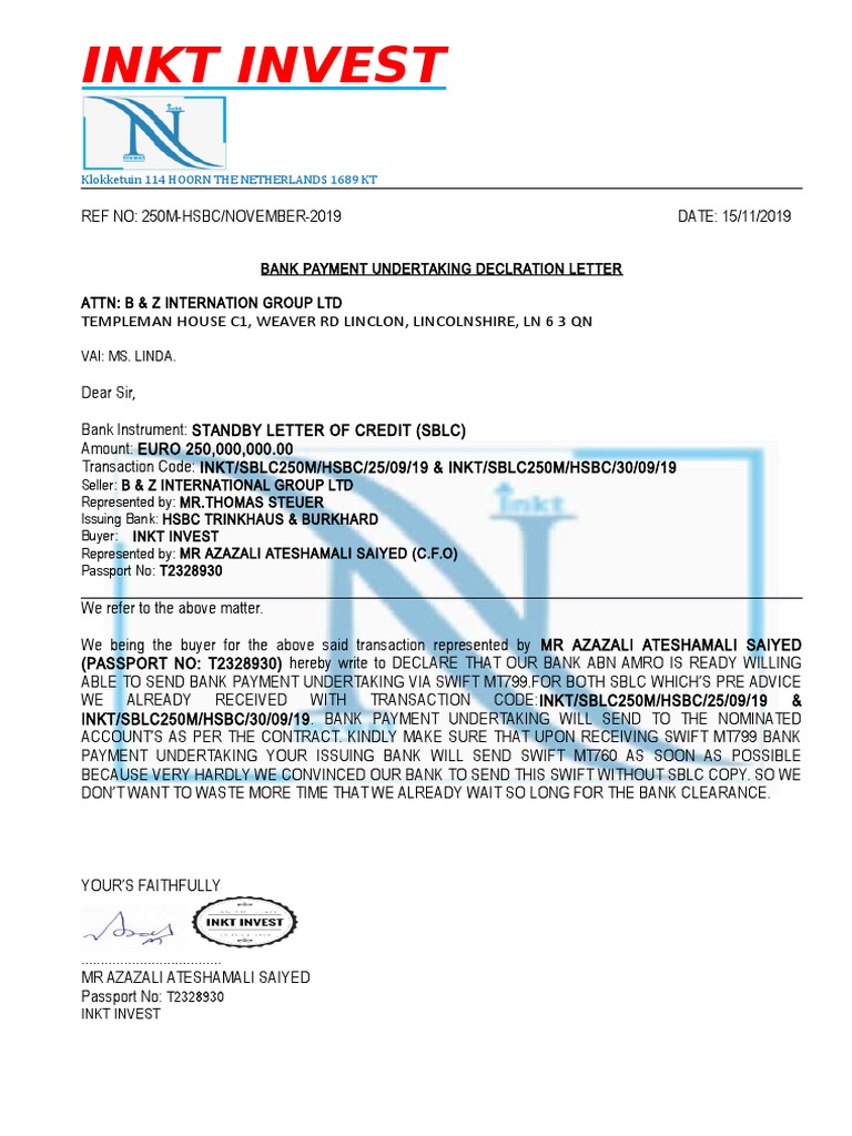 Bank Payment Undertaking Declaration | PDF