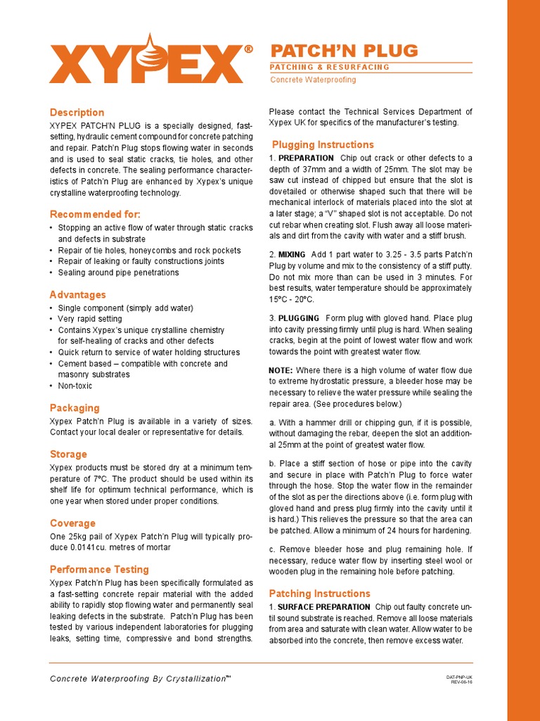 Xypex Patch'n Plug EN PDF | PDF | Product Liability | Concrete
