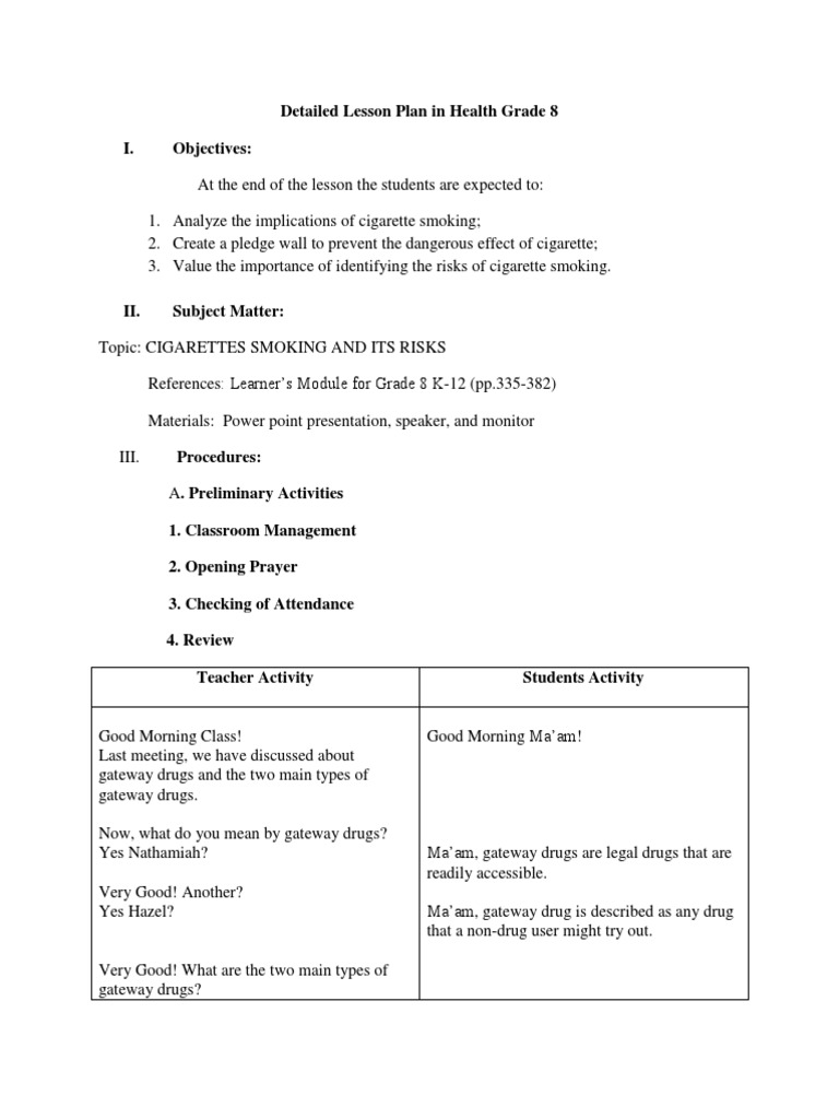 Detailed Lesson Plan in Health Grade 8 | PDF | Tobacco Smoking | Addiction