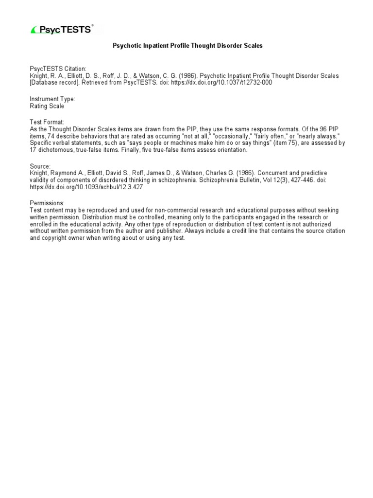 Psychotic Inpatient Profile Thought Disorder Scales | PDF | Psychosis ...