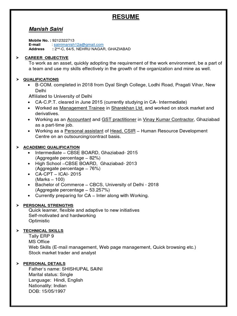 Resume For Commerce Students | PDF