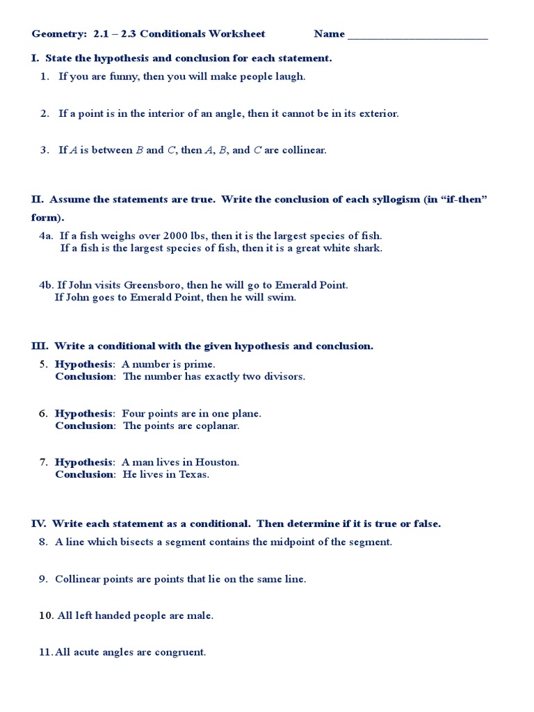 Geometry Conditional Statements Worksheet With Answers 2.2