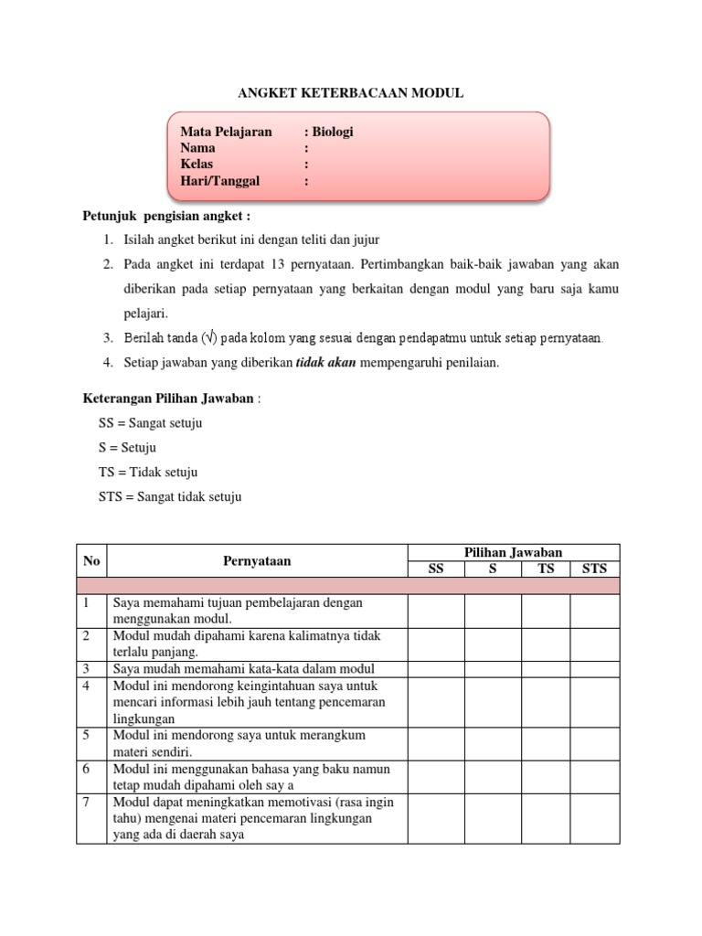Angket Keterbacaan Modul | PDF