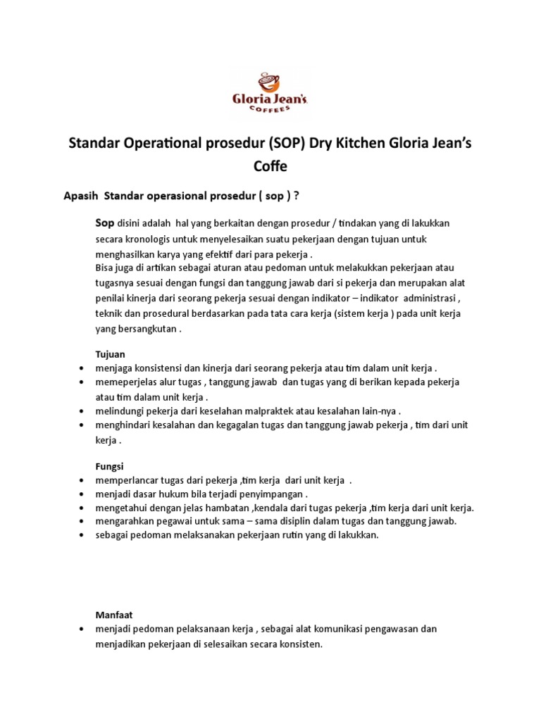 SOP Dapur Dry Kitchen Gloria Jean’s | PDF