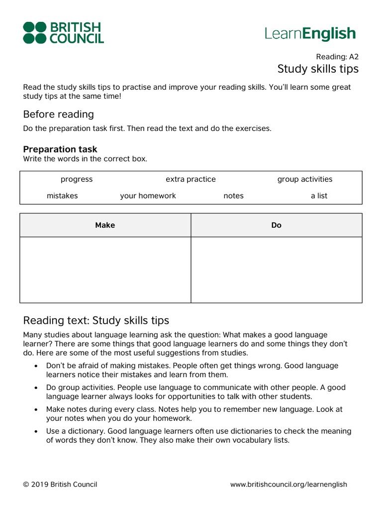 LearnEnglish Reading A2 Study Skills Tips PDF | PDF | Study Skills ...