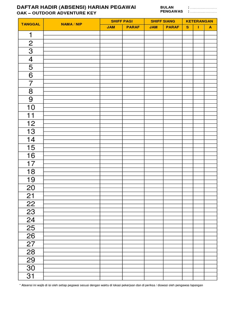 Contoh Lembar Absensi Harian Karyawan | PDF