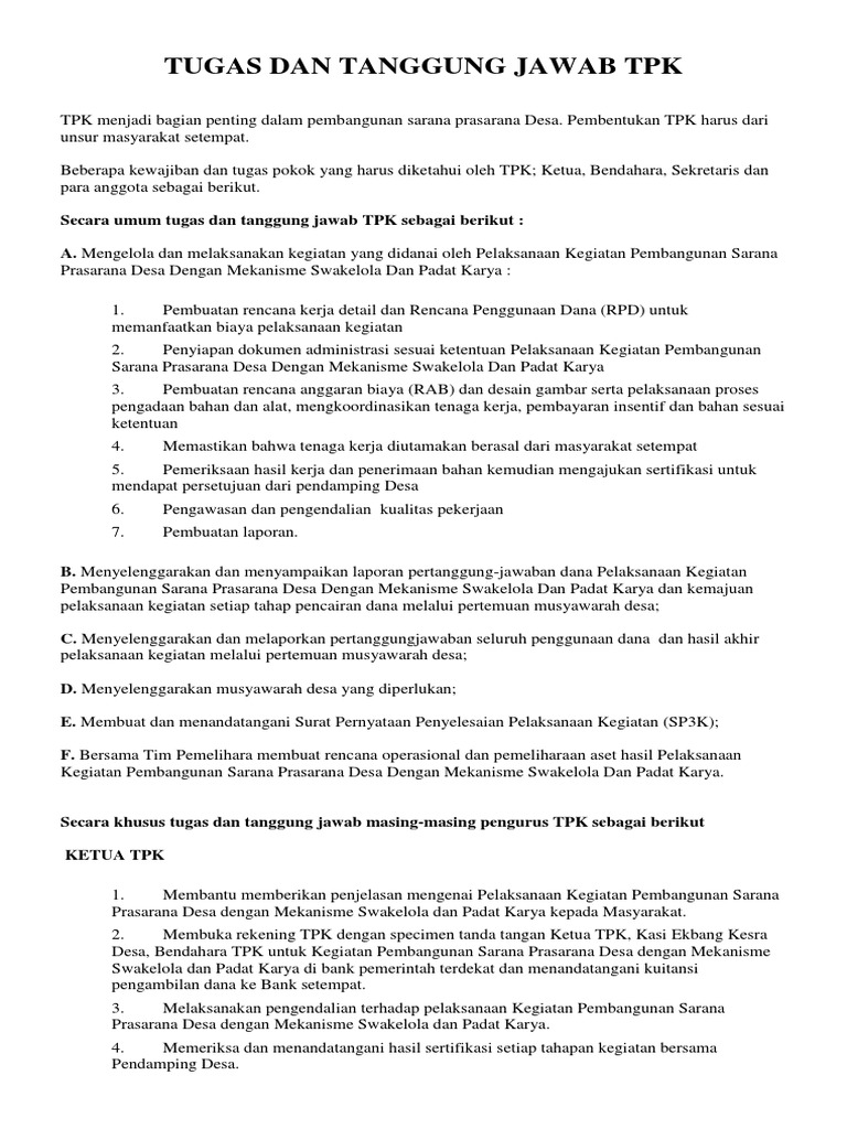 Tugas Dan Tanggung Jawab TPK | PDF