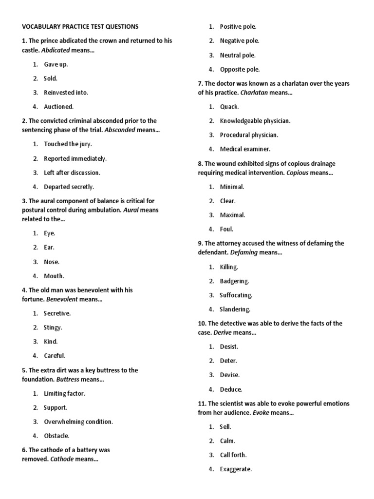 Vocabulary Practice Test Questions | PDF