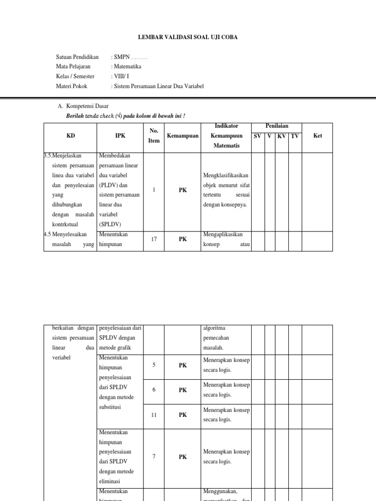 Contoh Format Validasi Soal | PDF