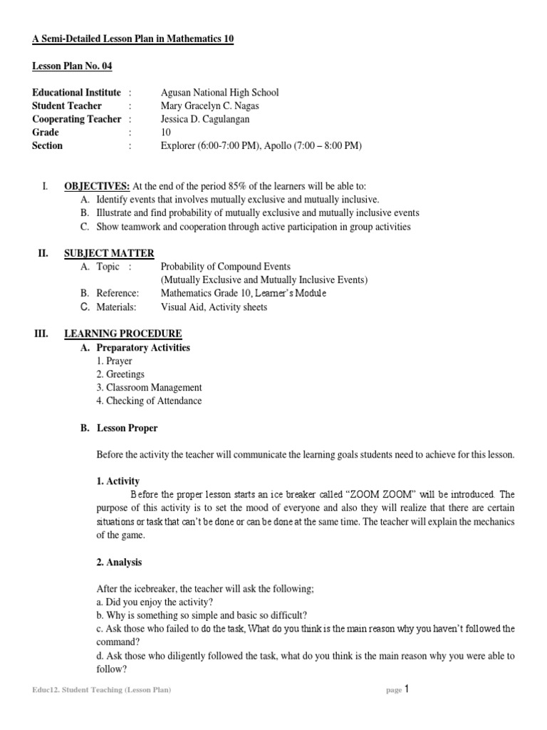 Math Lesson Plan: Probability Basics | PDF | Lesson Plan | Probability