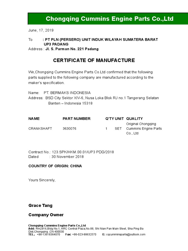 Certificate of Manufacture - GZSWS190725 7.3,2019 | PDF