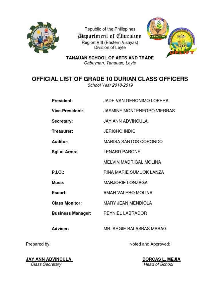 Class Officers With TOR and Org Structure | PDF | Government