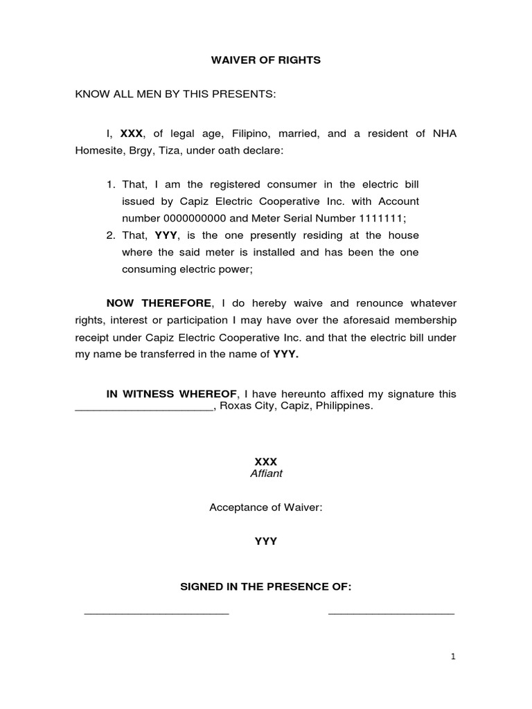 Electricity Waiver of Rights Sample | PDF