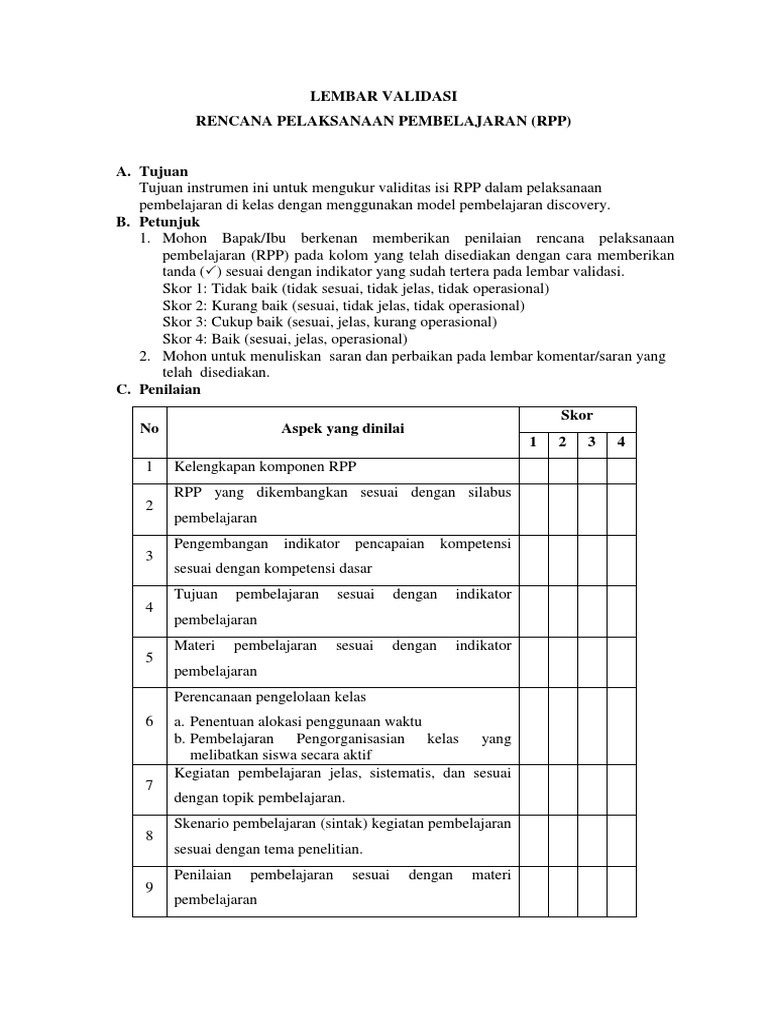 Contoh LEMBAR VALIDASI RPP | PDF
