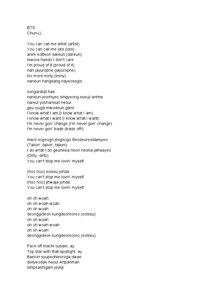 BTS Chun-Li Song Lyrics | PDF | Songs Written | Leisure