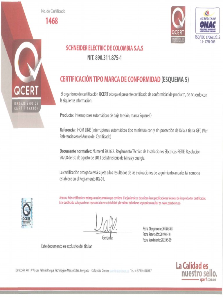 Certificado Retie Actualizado 2019 Breaker Hom | PDF