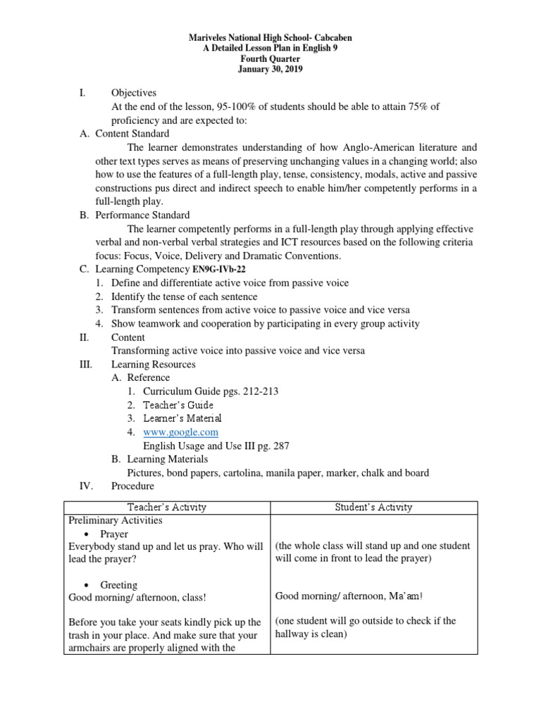 English 9 Lesson Plan: Active vs. Passive Voice | PDF | Verb | Semiotics