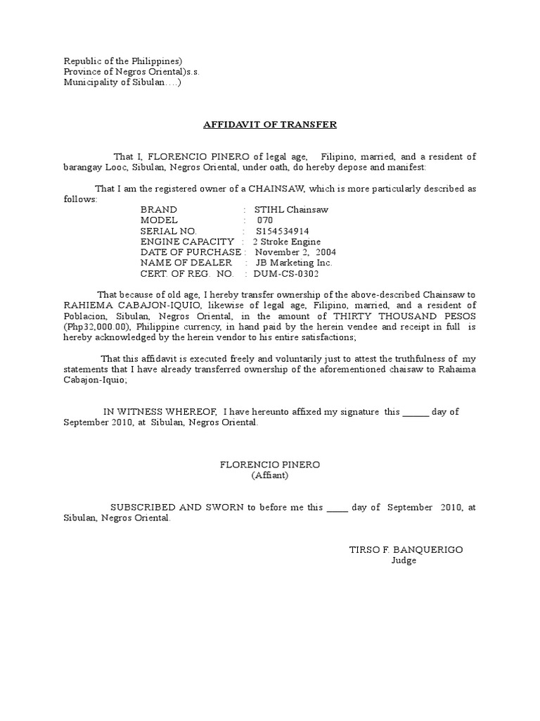 Affidavit of Transfer (Chainsaw) - Foruito | PDF
