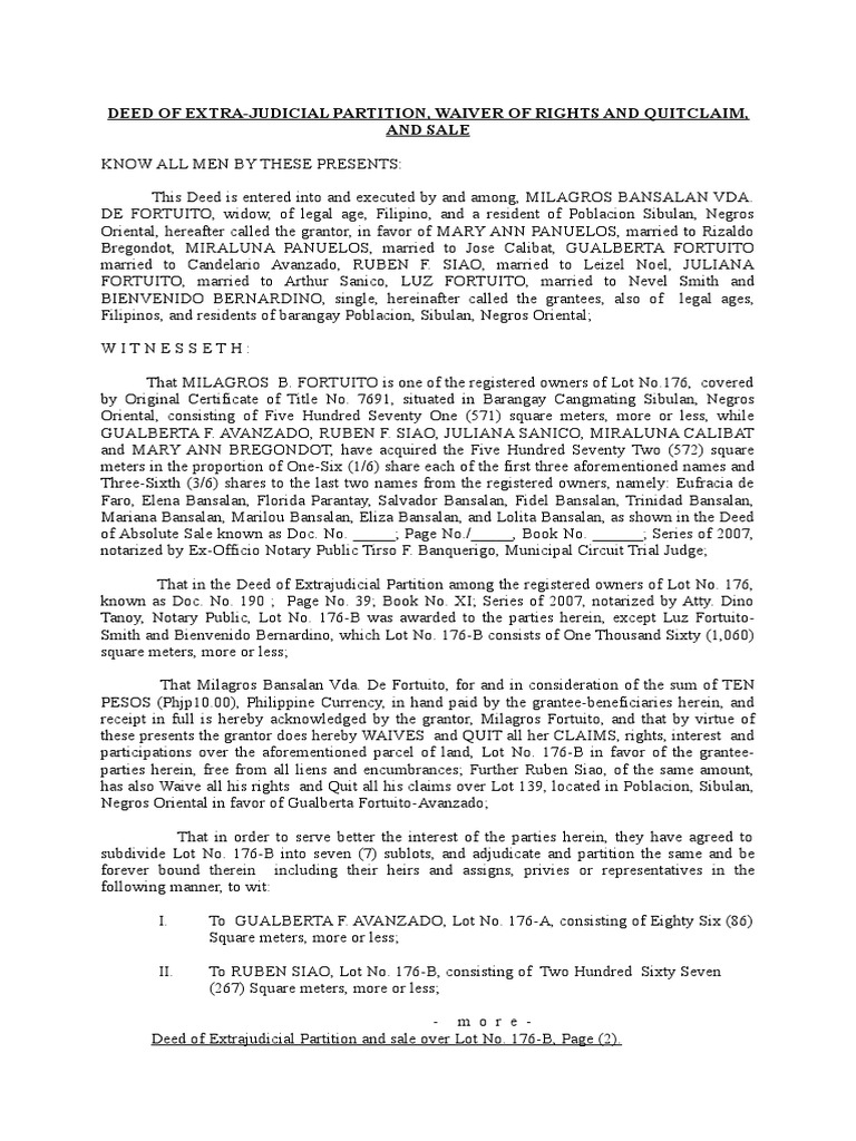 DEED OF EXTRA-JUDICIAL PARTITION, WAIVER OF RIGHTS AND QUITCLAIM ...