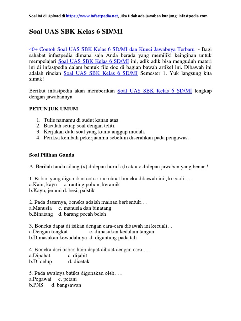 Soal Uas PKN Kelas 6 Semester 2 Dan Kunci Jawaban Lengkap Dengan Jawaban | PDF | Seni & Disiplin ...