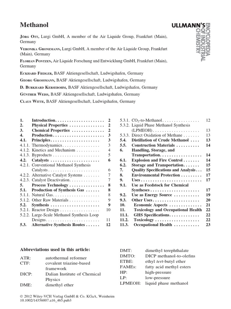 A Comprehensive Review of Methanol: Production Processes, Physical and ...