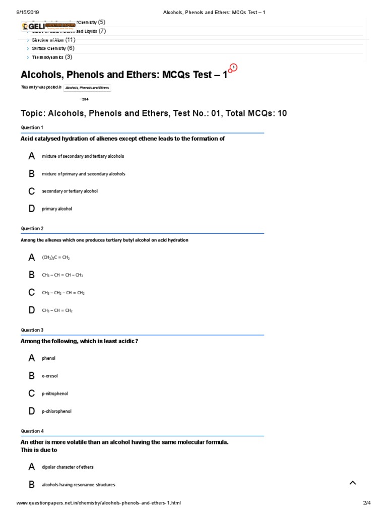 Alcohols, Phenols and Ethers - MCQs Test - 1 | PDF | Ether | Alcohol