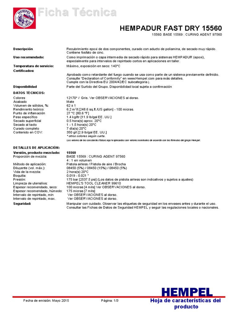 Ficha técnica HEMPADUR FAST DRY 15560 | PDF | Pintar | Agua