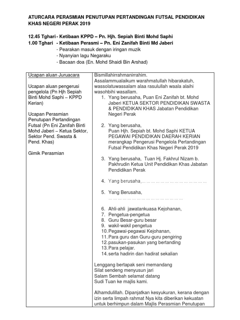 ATURCARA PERASMIAN PENUTUPAN PERTANDINGAN Edit | PDF