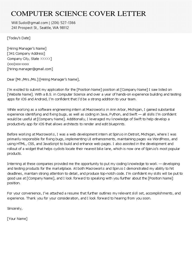 Computer Science Cover Letter Example Template | PDF